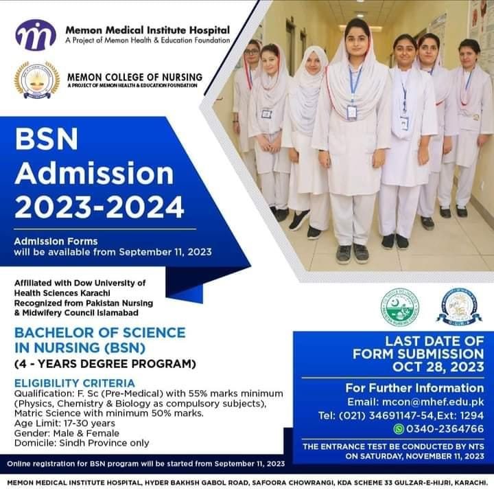 Memon College of Nursing admission 2024 Karachi - Nursing Scholar